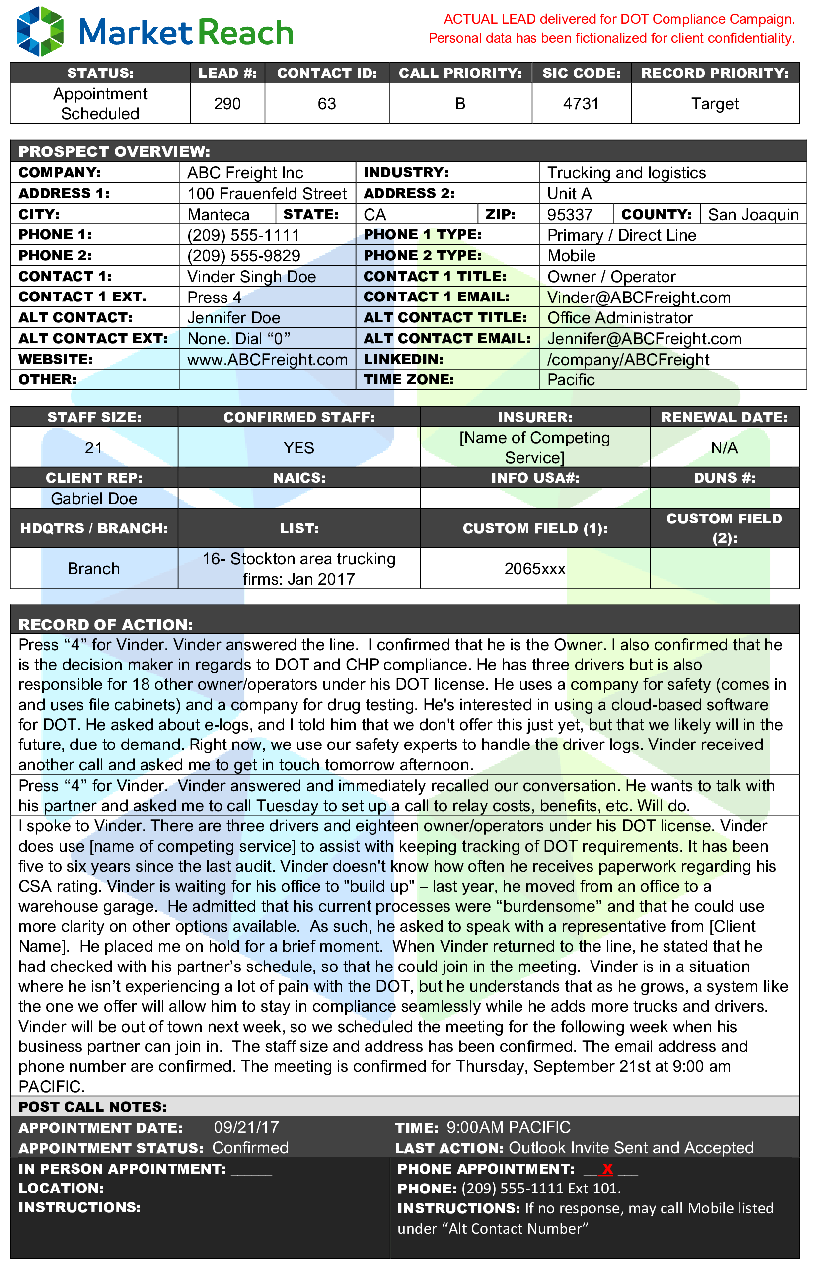 MarketReach Leadsheet Sample for Compliance & Safety